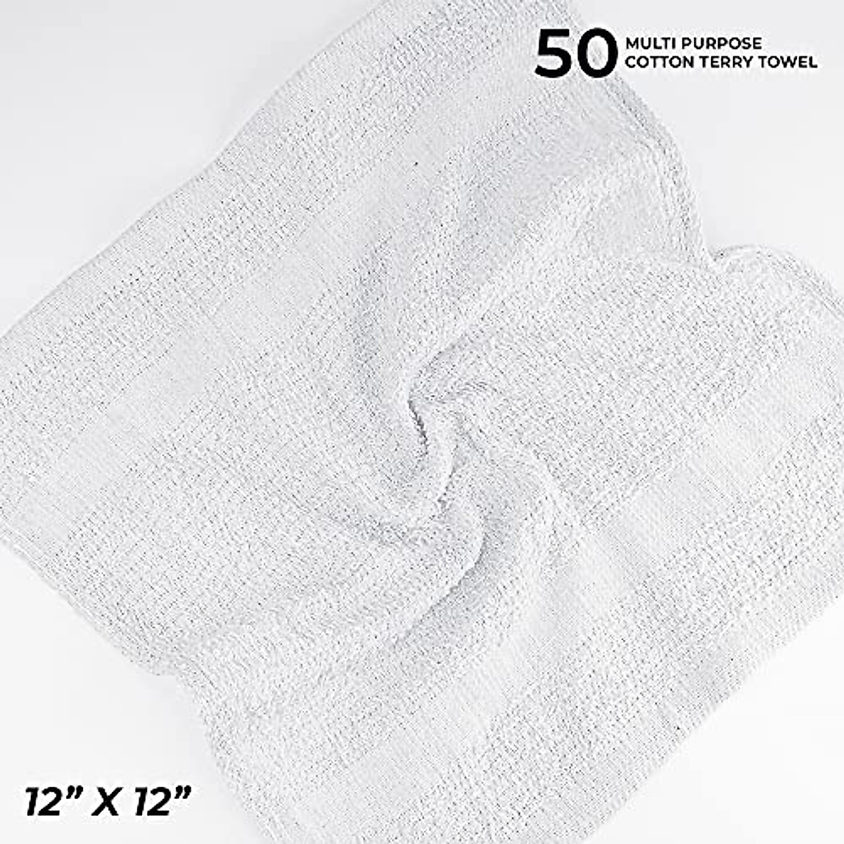 ZUPERIA Cotton Terry Towels Cleaning Cloths, 100% Cotton Terry Cloth Bar Rags White Bar Towels, Multipurpose High Absorbent Pack of 50 (12"x12") Terry Towels for Detailing or Painters (White)