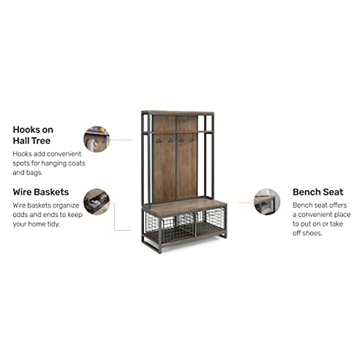homestyles Barnside Metro Hall Tree Constructed of Mixes Media, Gray Metal Frame with Multi-toned Driftwood Finish with Two Large Storage Baskets and Four Hooks