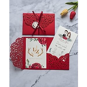 Cylallen 20sets 4.9x 7 inch Rose Laser Cut Wedding Invitation Jacket Pocket for Quinceanera Bridal Shower Baby Shower Party Dinner Invite (Red)