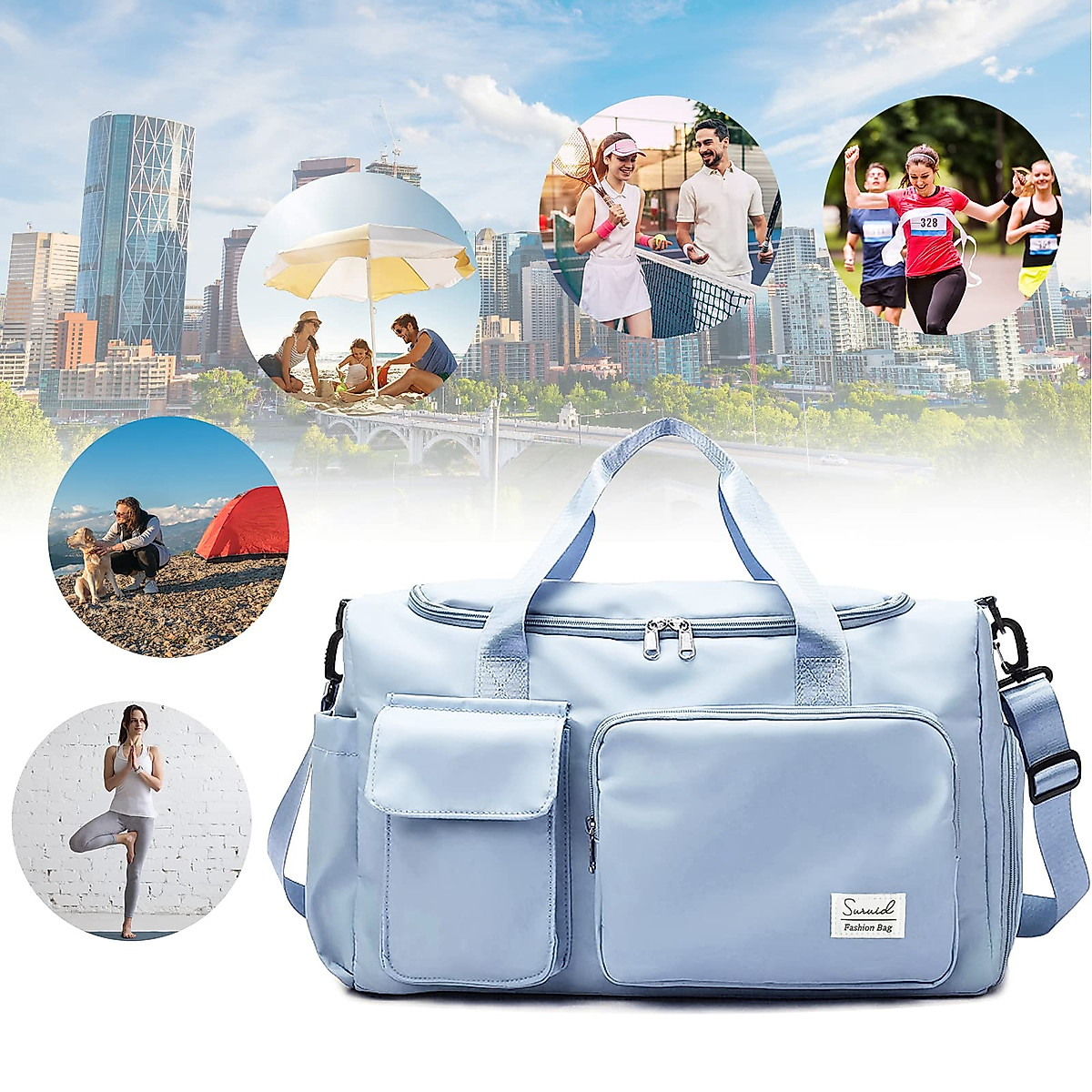 Suruid Sports Gym Bag with Shoes Compartment Travel Duffel Bag with Dry Wet Separated Pocket for Men and Women, Overnight Bag Weekender Bag Training Handbag Yoga Bag - Blue