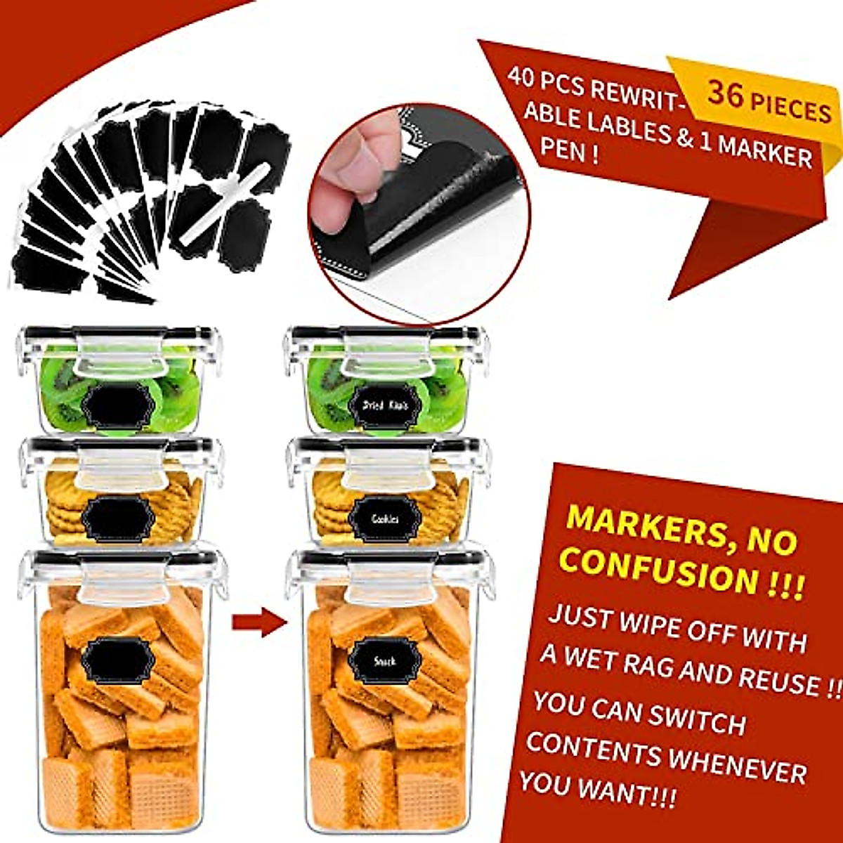 EWFEN Airtight Food Storage Containers for Kitchen Organization, 36 pcs Plastic Food Canisters with Lids, Labels & Marker for Pantry Organization and Storage, Cereal, Flour And Sugar