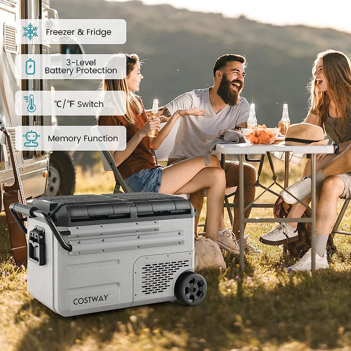 COSTWAY Car Refrigerator with Wheels, 40-Quart Dual-zone Single-temperature Electric Cooler, 12V/24V DC, 100-240V AC, -4°F To 50°F, Reversible Lids, Portable Car Freezer for RV Camping, Black