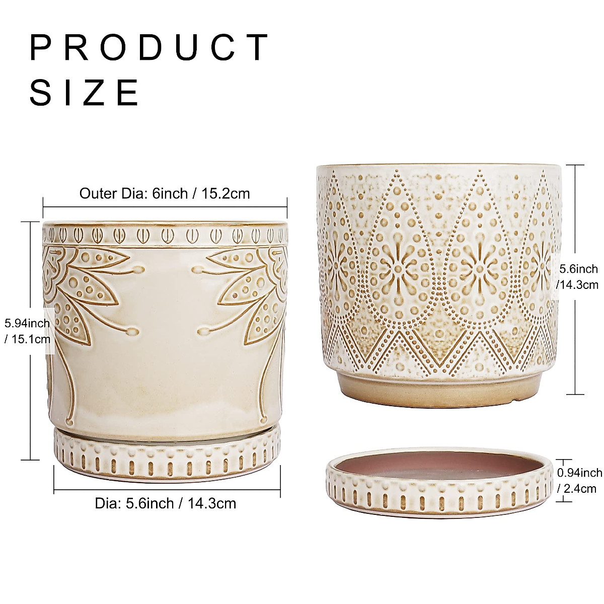 YFFSRJDJ 6 Inch Indoor Plant Pots with Drainage Holes and Saucers, Ceramic Planter for Plants, Flower Pot - Set of 2