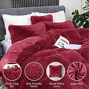 BLEUM CADE Fluffy Plush Duvet Cover Set Queen Size, Luxury Ultra Soft Velvet Fuzzy Comforter Cover Bed Sets 4Pcs(1 Faux Fur Duvet Cover + 2 Pillow Cases + 1 Pillow Cover) Zipper Closure (Queen, Red)