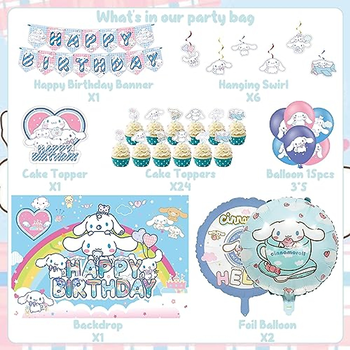 Kawaii Birthday Decorations, Cute Party Supplies Include Banner, Hanging Swirl, Balloon, Backdrop, Cupcake Toppers for Kawaii Birthday Supplies
