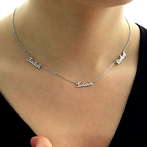 Ouslier Personalized Sterling Silver Three Name Necklace Pendant Custom Made with 3 Names 16”-18” Chain (Silver)
