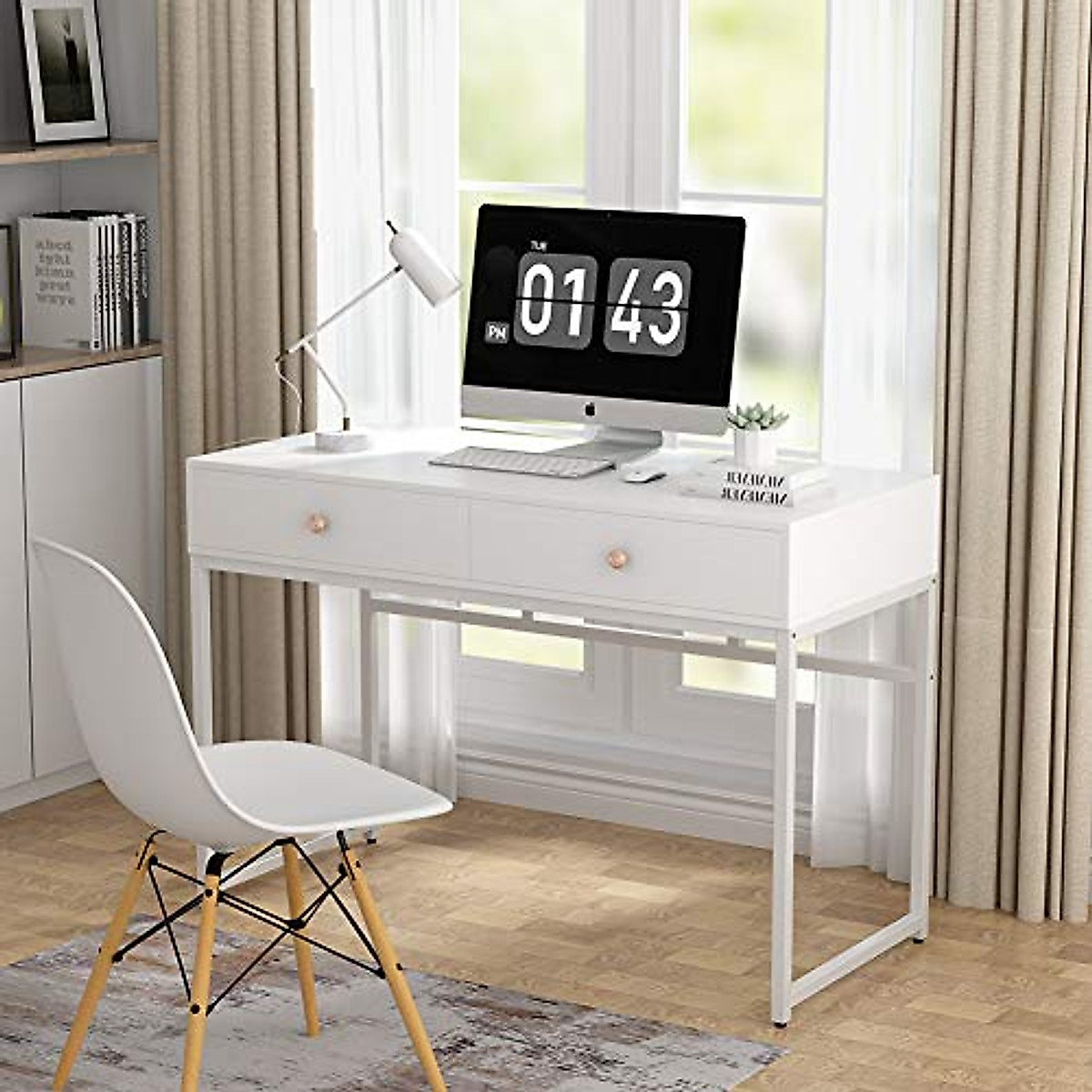 Tribesigns Computer Desk, Modern Simple 47 inch Home Office Desk Study Table Writing Desk with 2 Storage Drawers, Makeup Vanity Console Table White