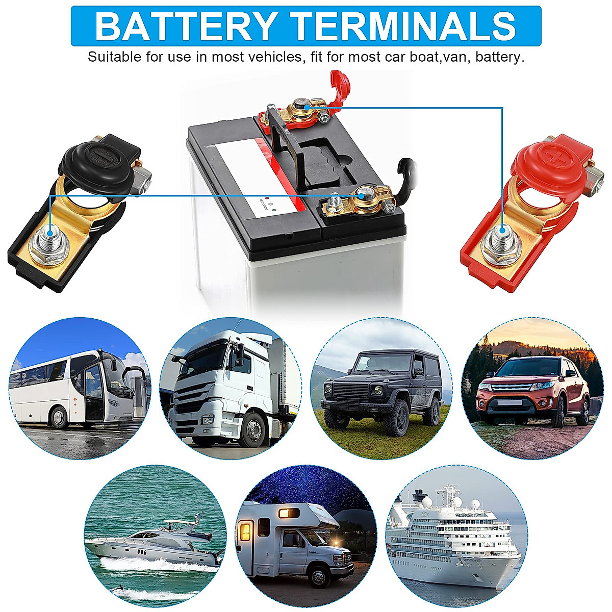 Car Battery Terminal Clamps Connectors Battery Cable Terminal Positive Negative Auto Cable Terminal Top Post with Plastic Cover For Cars, Truck and Van(8 Pieces)