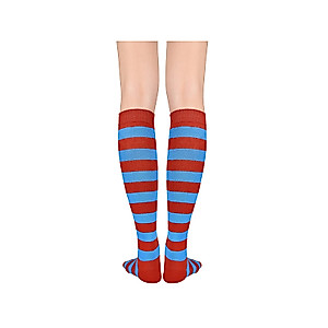 Century Star Women's Knee High Socks Athletic Thin Stripes Tube Socks High Stockings Outdoor Sport Socks 1 Pack Blue Red Stripes One Size