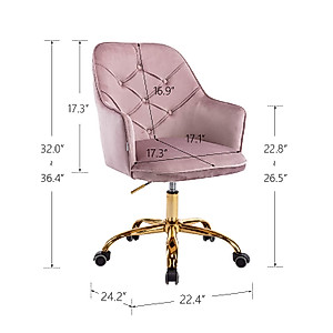scxatvd Office Chair, Home Office Desk Chairs with Wheels, 360°Swivel/Bedroom/Vanity/Task/Velvet/Tufted Chair for Living Room with Armrest, Upholstered Height Adjustable (Light Pink)