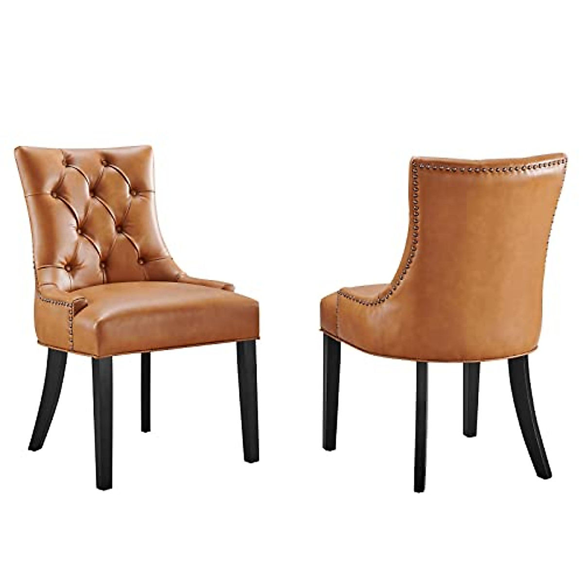 Modway Regent Modern Tufted Vegan Leather Upholstered Two Dining Chairs with Nailhead Trim in Tan