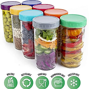 Mason Jar Lids - Compatible with Ball, Kerr, and Other Brands - Vibrant Colored Plastic Caps for Canning and Storage Jars - Airtight and Spill-Proof - Pack of 8 (Small/Regular - 2.75in)