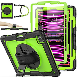 SEYMAC stock Case for iPad Pro 12.9'' 2022/2021/2020/2018 with Screen Protector 360 Rotating Stand Hand Strap, Drop-Proof Case for iPad Pro 12.9''(6th/5th/4th/3rd Generation), Green/Black