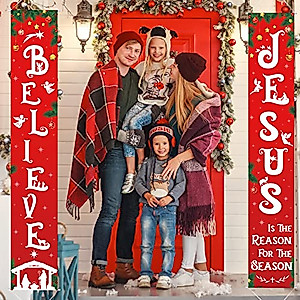 Christmas Front Porch Banners Religious Nativity Scene Sign Holiday Hanging Banner Xmas Decoration for Front Door Believe Jesus is The Reason for The Season 12 x 71 Inch