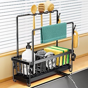PKBD Kitchen Sink Caddy, Rustproof 304 Stainless Steel Sponge Holder for Kitchen Sink with Removable Drain Tray, Towel Holder and Brush Drainer Rack, Kitchen Organiser for Sink Tidy, Black