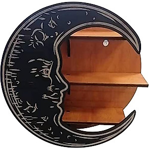 Moon Crystal Storage Rack Wall Mount Decorative 10x10 Inch, Wooden Floating Shelf Swing Mount Living Room Bedroom Bathroom Kitchen, Wood Crescent-Oil Rack,Black