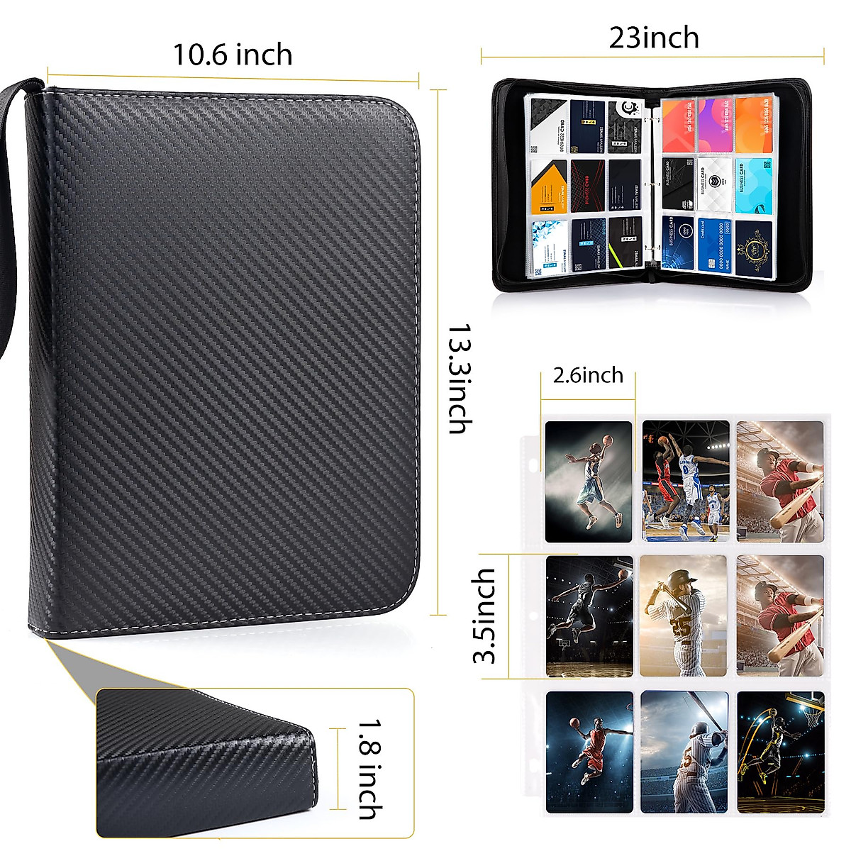 WOT I Trading Card Binder, 900 Pockets Card Binder Sleeves with Zipper, Double Sided Pockets Card Holder Carry Card Case for Baseball Card, Football Card