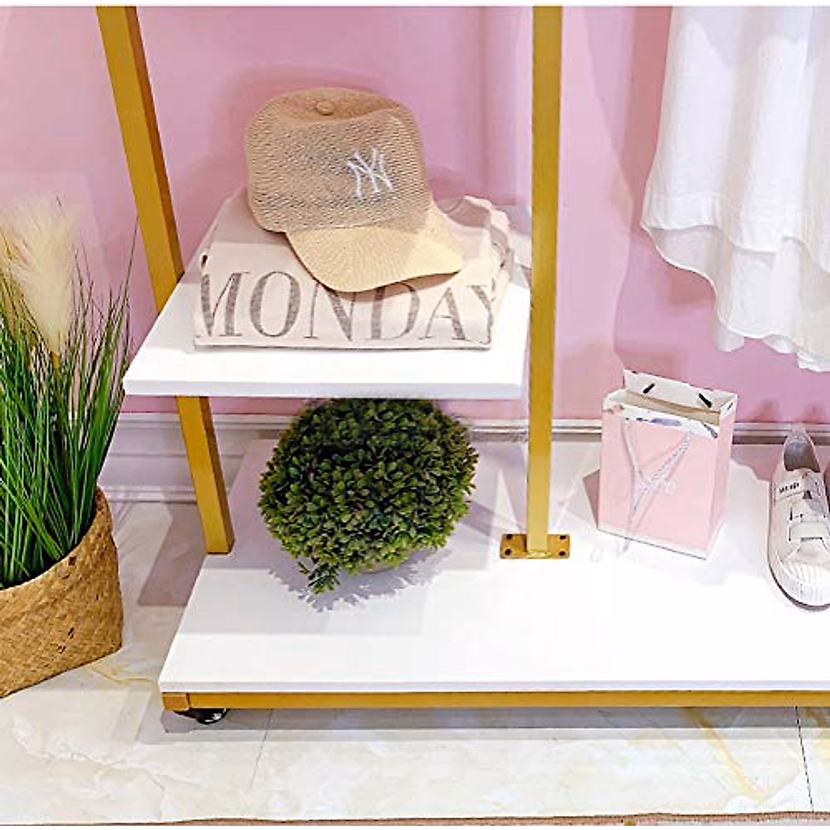 FONECHIN Metal Clothes Garment Racks with 4 Wood Storage Shelves and Hanging Bar Heavy Duty Free Standing Clothing Rack Large Closet Organizer for Boutique 47"