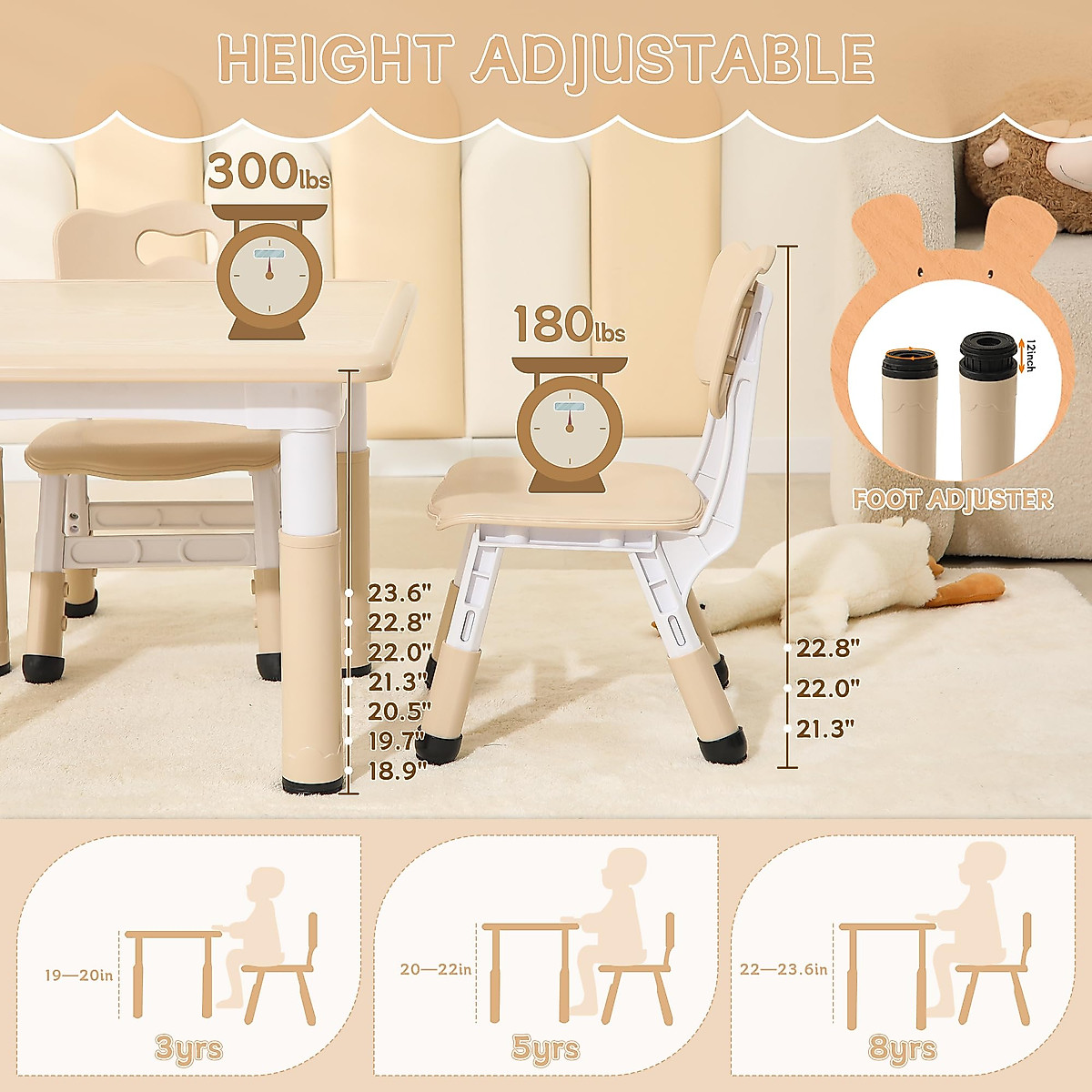 SINKIPA Kids Table and 2 Chairs Set, 23.6''L x 23.6''W Toddler Table and Chairs, Height Adjustable Kids Study Table for Ages 2-10, Graffiti Desktop Children Activity Table with Anti-Slip Foot Covers