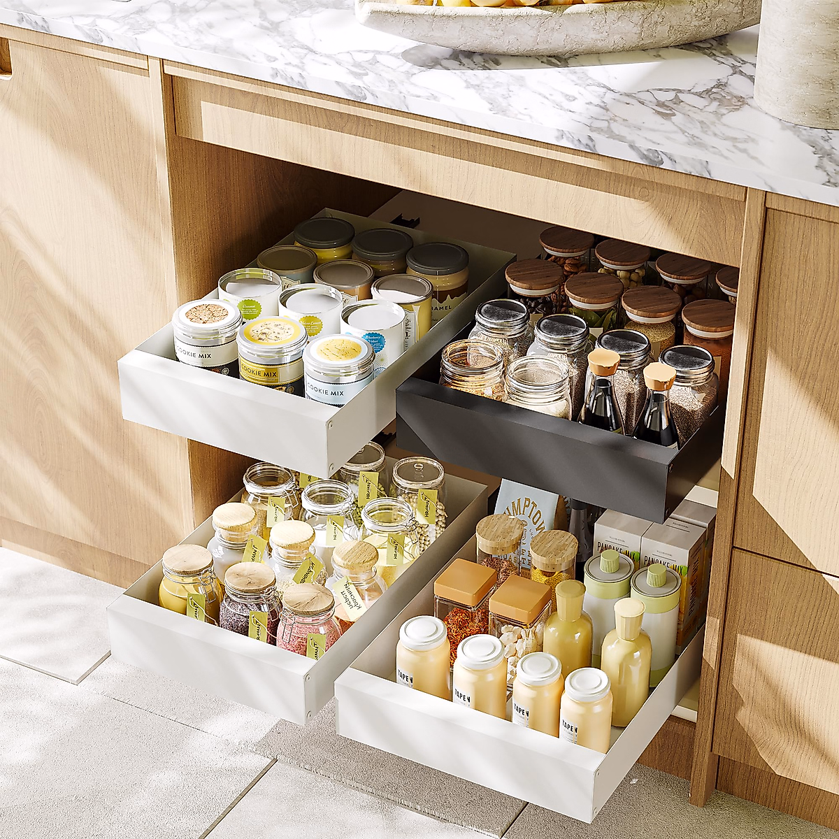 NETEL 2 Packs Pull Out Cabinet Organizer Fixed With Adhesive Nano Film, Heavy Duty Slide Out Pantry Drawers for Kitchen Cabinets, Living Room, Bathroom, 16.5" (L) x 9.8"(W) x 2.36"(H), White