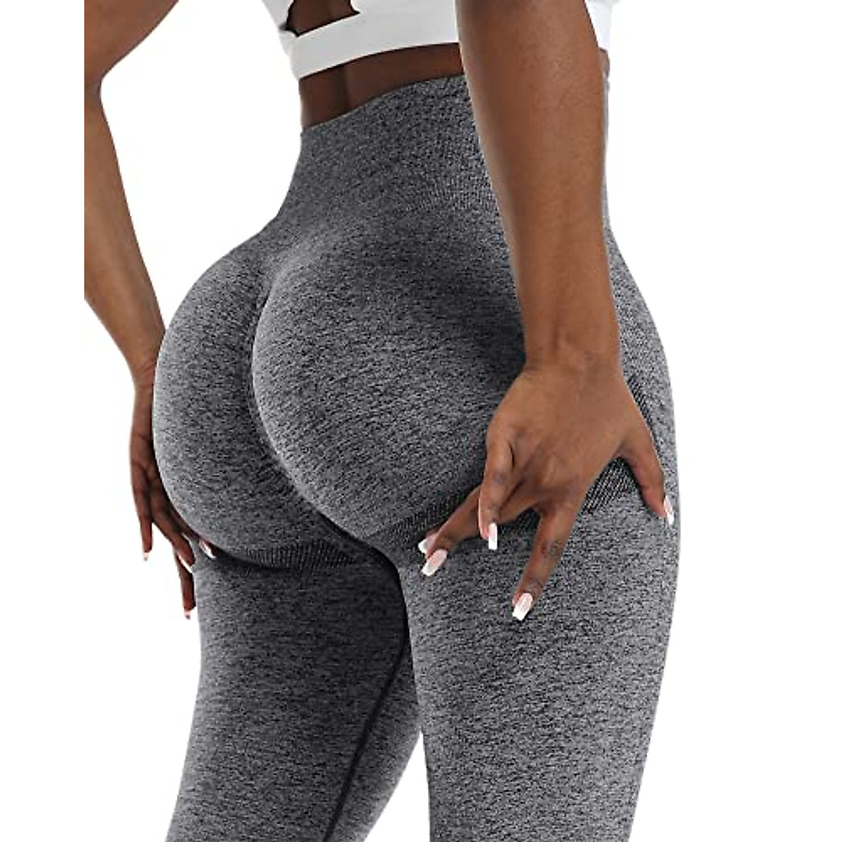 NORMOV 2 Piece Butt Lifting Workout Leggings for Women, Seamless Gym Scrunch Booty Lifting Sets(Black/Grey, XL)