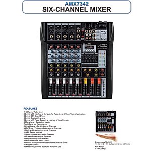 Audio2000'S AMX7342 Six-Channel Audio Mixer with USB Interface and Sound Effect