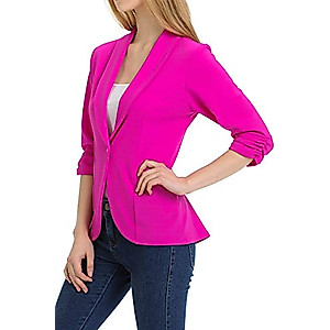 MINEFREE Women's 3/4 Ruched Sleeve Lightweight Work Office Blazer Jacket Berry L