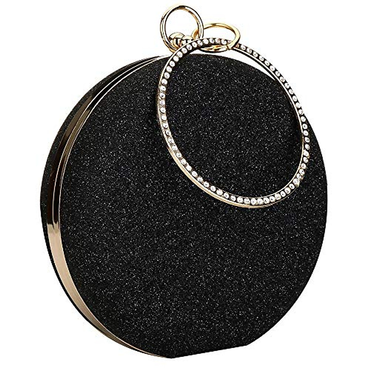 Women Round Glitter Clutch Tote Bag Top Handle Handbags Purse with Chain Circular Rhinestone Ring for Proms Wedding Evening Party (Black)
