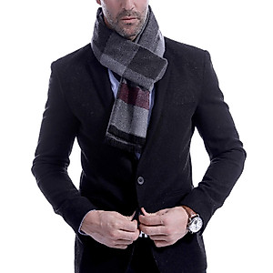 VEXTROFORT Men's Winter Scarf, Soft Long Cashmere Feel Scarves for Men with Fringes Tartan - Grey Black Red Plaid