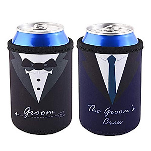 CM Groom and Groom's Crew Soft Neoprene Can Sleeves Covers for Regular Standard 12 Fluid Ounce Drink & Beer Cans for Wedding Party Groomsman Party Groomsman Gifts Bachelor Party, 11 Pcs
