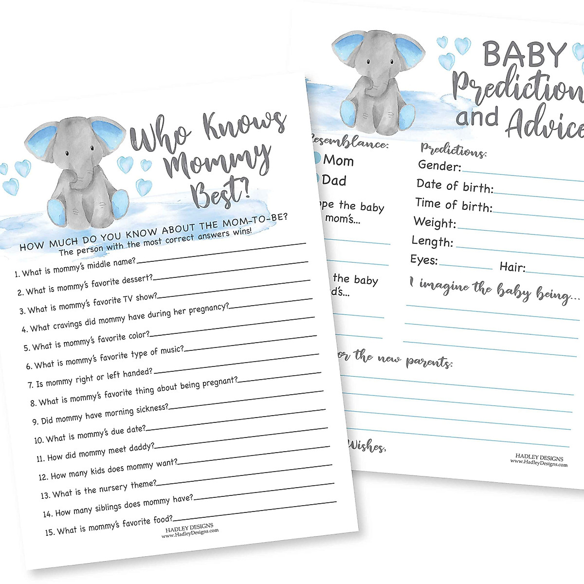 25 Elephant Who Knows Mommy Best, Baby Prediction And Advice Cards, 25 Word Scramble For Baby Shower, True Or False, 25 Trivia Baby Shower Game, Find The Guest - 6 Double Sided Cards Baby Shower Ideas