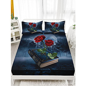 AILONEN Rose Fitted Sheet Full Size,Red 3D Romantic Rose Bedsheets Set for Girls,Romantic Flower Bedding Set,Magic Book Bed Sheet Set,1 Fitted Sheet 2 Pillowcases,3 Pcs,Soft Microfibre