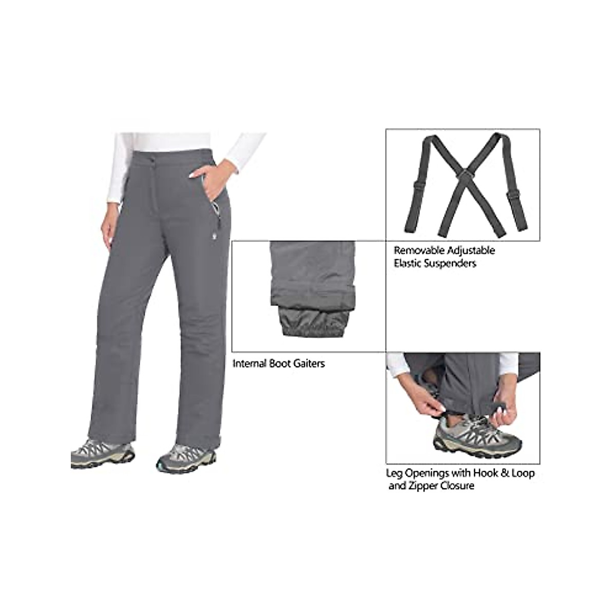 Little Donkey Andy Women's Ski Bibs Insulated Snow Pants, Water Resistant Snowboard Pants Winter with Detachable Suspenders (Iron Gate S)