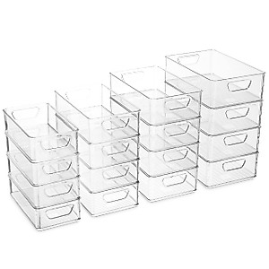 Munfix Set Of 16 Refrigerator Organizer Bins - Plastic Pantry Organization and Storage Baskets - Stackable Food Fridge Organizers with Cutout Handles for Freezer, Kitchen, Countertops, Cabinets