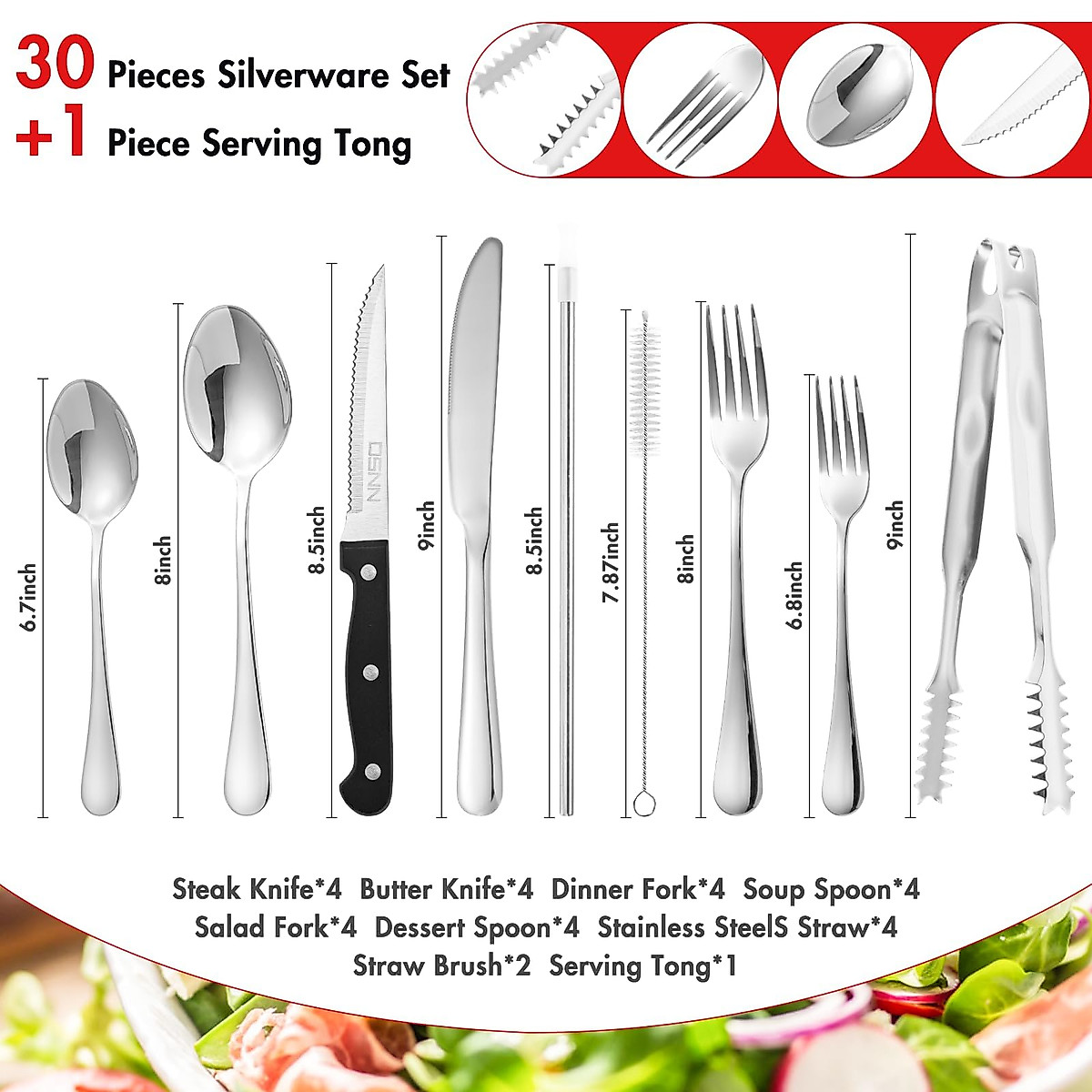 30 Pieces Silverware Sets for 4 Plus Food Tong, Stainless Steel Flatware Set with Metal Straw, DSNN Home Kitchen Utensil Cutlery Set,Include Knives Spoons and Forks