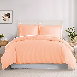 King/Cal-King (90x110) Duvet Cover 400 Thread Count Egyptian Cotton Soft 3-PCs Duvet Cover Set - All Season Comforter Cover with Button Closure & Corner Ties (Stripe, Peach)