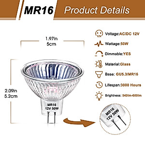 MR16 Halogen Bulb 50W, 6 Pack 12V MR16 Light Bulbs GU5.3 Base, Dimmable Spotlight 2800K Warm White with Clear Glass Cover, MR16 2 Pin Halogen Lamps for Landscape, Track Lights, Range Hood Lights