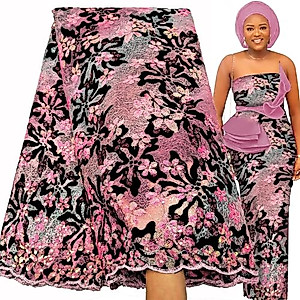 Bestway African Lace Fabric 5 Yards Laser-Cut Velvet Fashion Sequins Embroidery French Net Nigerian Women Party Celebration Fabric (Pink)