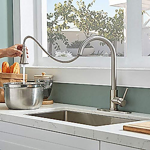 KINGO HOME Modern Commercial High Arc Stainless Steel Single Lever Handle Pull Down Sprayer Brushed Nickel Kitchen Faucet, Kitchen Sink Faucet with Deck Plate