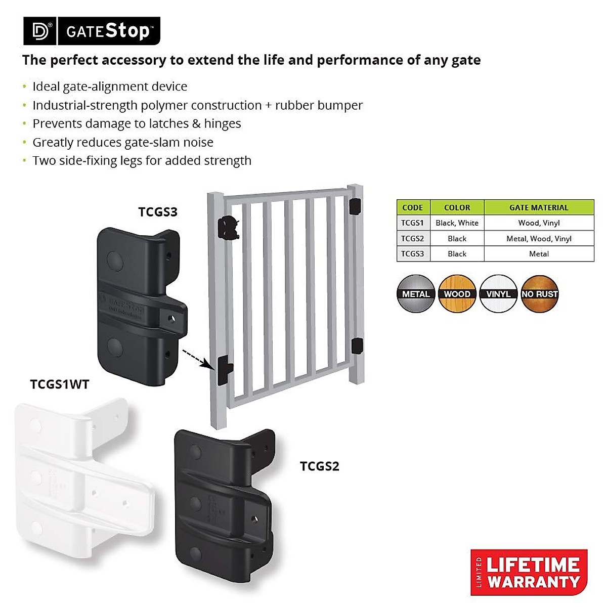 D&D Technologies TCGS1WTS Gate Stop, Damage Protection Bumper Reduces Sound from Closing Wood and Vinyl Gates, for Any Square Gate, White, 1 Count