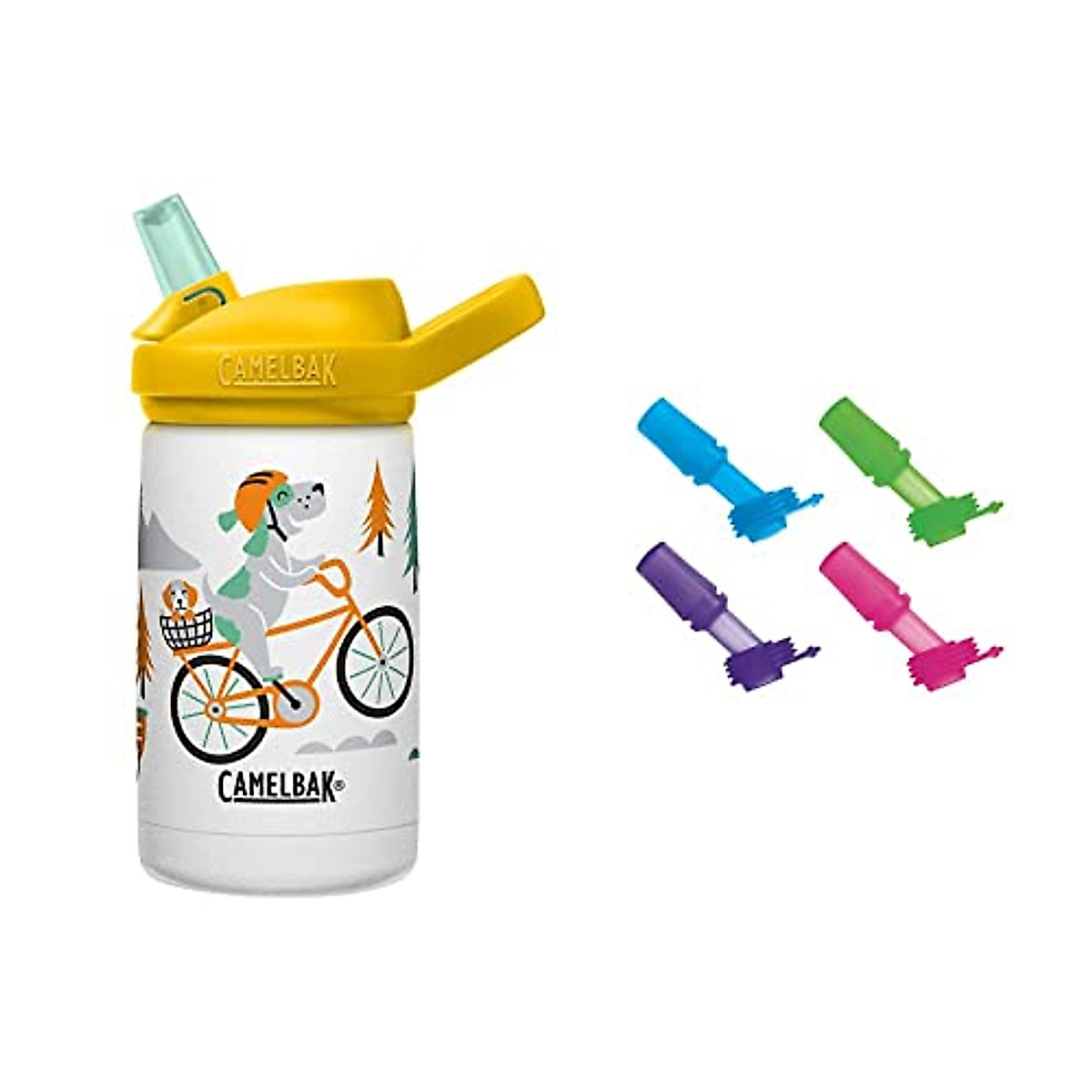 CamelBak Eddy+ Kids 12 oz Bottle, Insulated Stainless Steel with Straw Cap - Leak Proof When Closed,Biking Dogs & CamelBak eddy Kids Bite Valves, 4-Pack