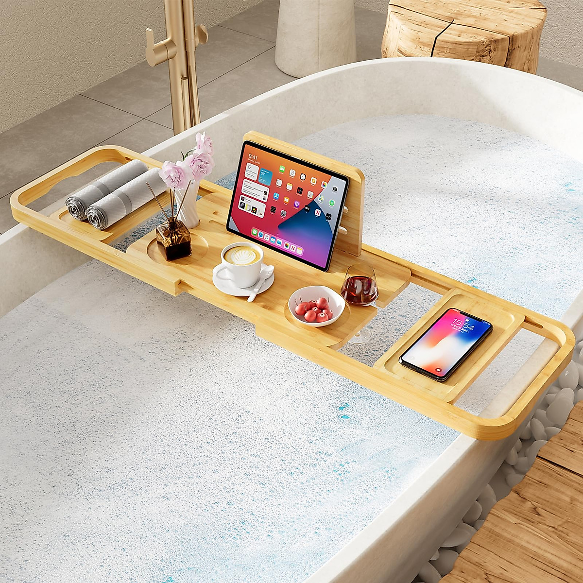 Premium Bathtub Tray Caddy - Expandable Bath Caddy Tray - Adjustable Bamboo Bath Caddy Tub Table - Unique House Warming Gifts New Home - Nature Bamboo