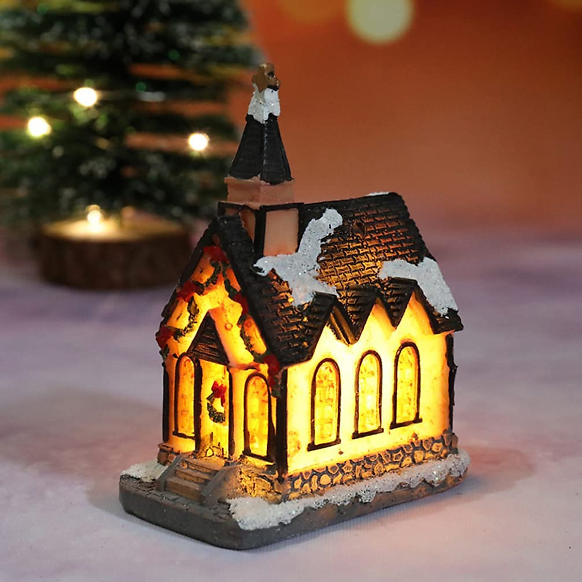 NUOBESTY Christmas Village Houses Set, 2PCS Luminous Christmas Scene Village Resin Christmas House Light up Christmas Decoration Tabletop Ornaments