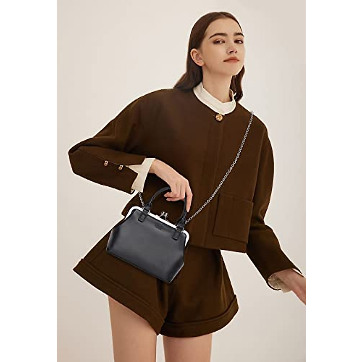 GM LIKKIE Kiss Lock Purses and Handbags, Vintage PU Leather Clutch Purses for Women, Top Handle Evening Handbag (Black)