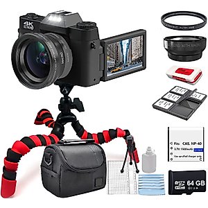 eDealz 4K 48MP Digital Camera Kit Photography Vlogging Camera for YouTube with Flip Screen, WiFi, Wide Angle & Macro Lens, 64GB Micro SD Card, 12" Flexible Tripod, Carrying Case, Card Reader (Black)