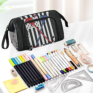 Glaphy American Flag with Lacrosse Hockey Pencil Case Large Capacity Pencil Pouch Bag Zipper Storage Stationery Bag for Office College School