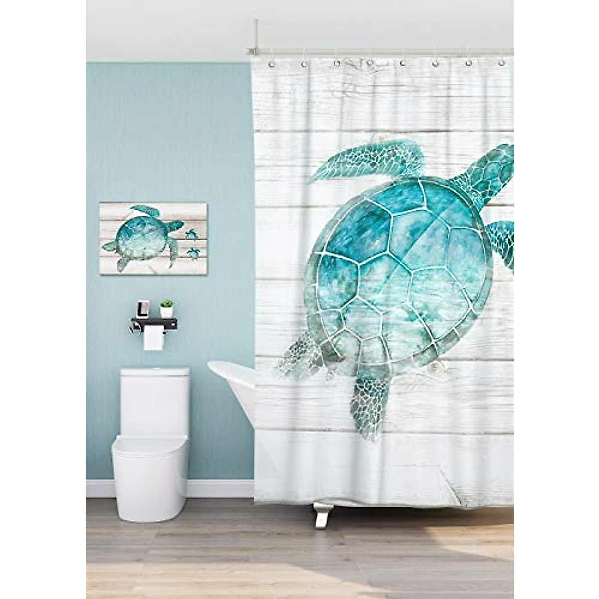 SUMGAR Blue Ocean Shower Curtain for Bathroom Coastal Beach Decoration Teal Sea Turtle Curtain Set with Hooks, 72 x 72 inch