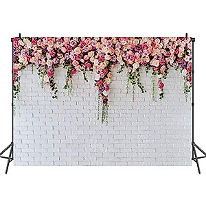 LTLYH 7x5ft White Brick Wall Flowers Backdrop Valentine's Day Theme Photography Backdrop Mother's Day Wedding Bridal Birthday Party Banner Decorations Backdrop 134