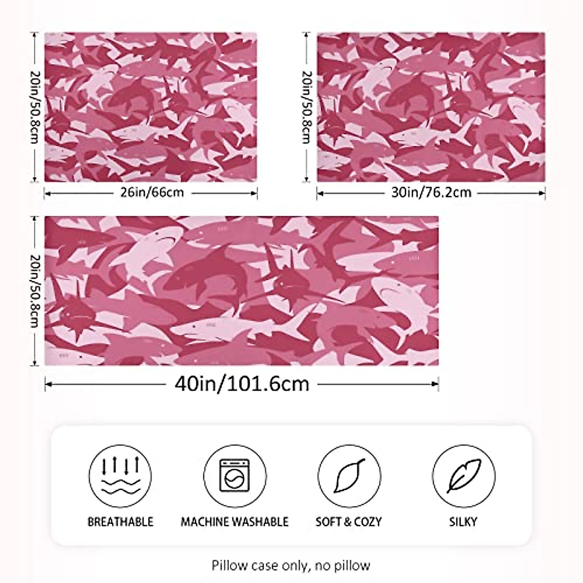 Sharks Camo Pink Pillow Covers Silk Pillowcase for Hair and Skin Soft Smooth Breathable Cooling Satin Pillowcase Standard Size Pillow Case for Bedroom Bed Sleeping (20x30 Inch)