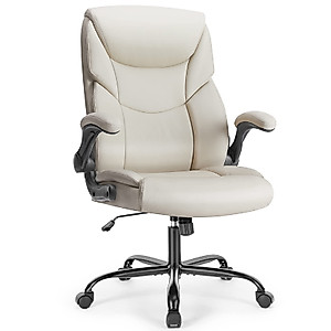 ZUNMOS Executive Office Desk Chair High Back Flip-Up Armrest Adjustable Ergonomic Managerial Rolling Swivel Task, PU Leather with Lumbar Support, White